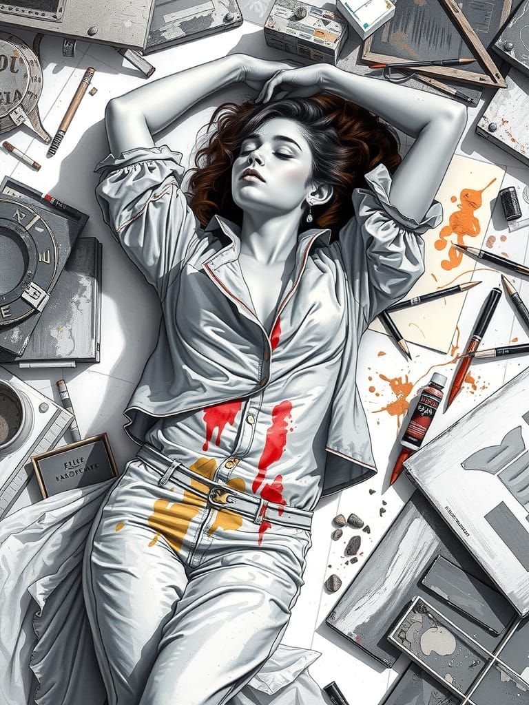 vector graphics, Victorian young female artist Slavic type lying amidst ...