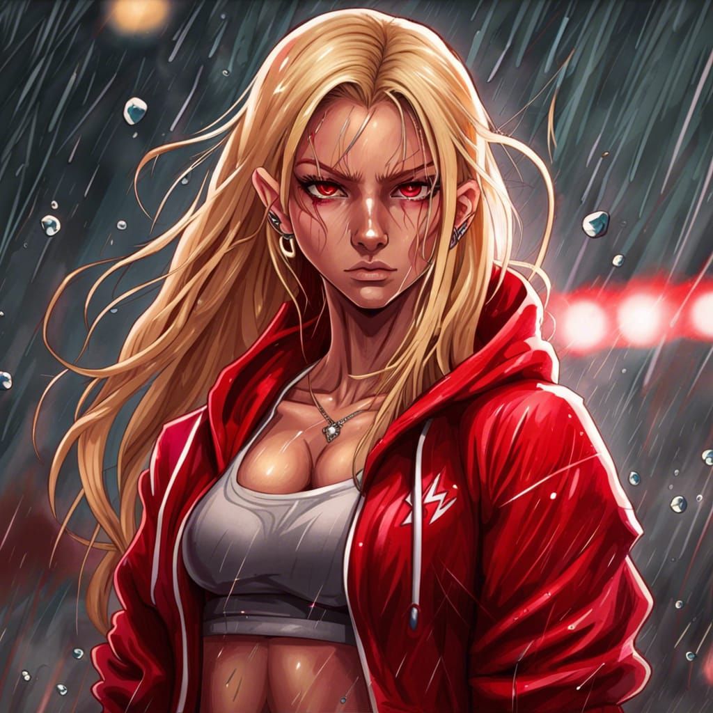 Beautiful Boxer Girl, Long Blonde Hair, Red Ruby Eyes, Red Athletic clothes, Tattoos, Rain, by ...
