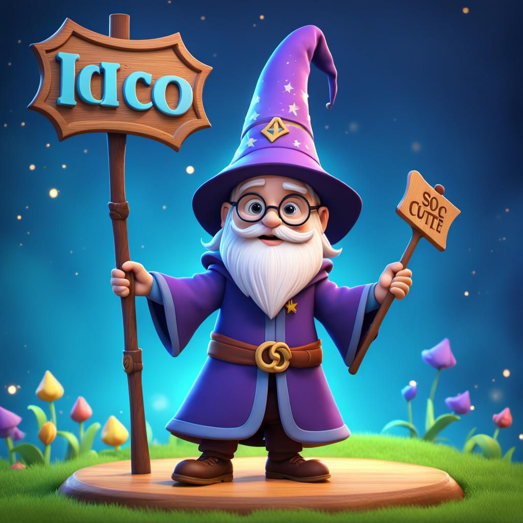 a cute wizard holding a wooden sign that says: "So Cute!", upultra cute ...