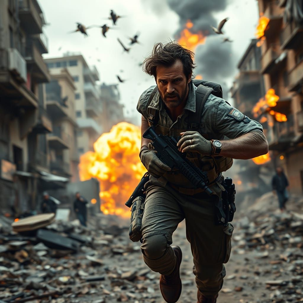 Gritty War Zone Runner in Ultra-Cinematic Style - AI Art