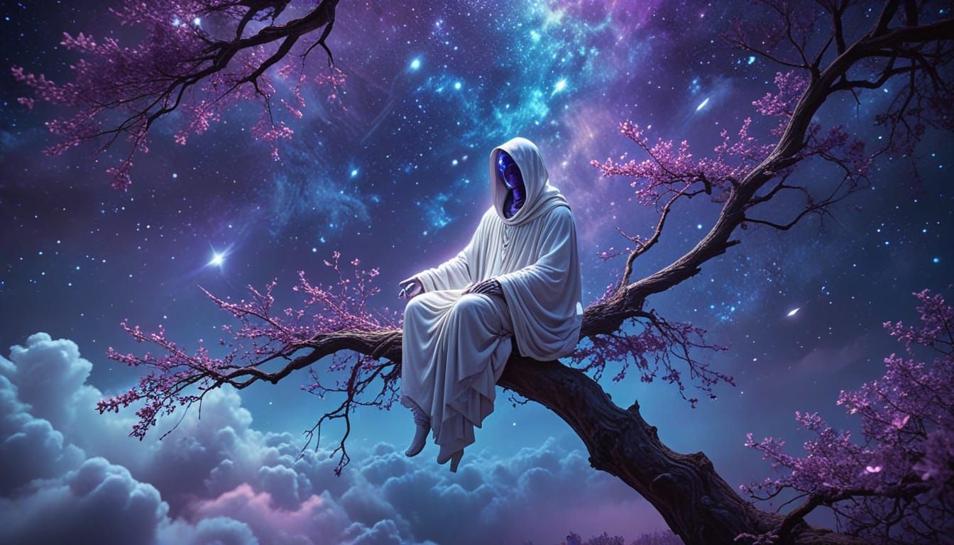 night work - Cosmic Entity Sits on a Cloudy Tree Branch