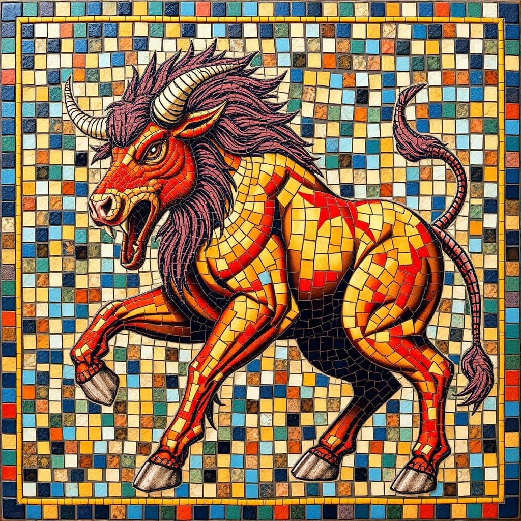 Flat mosaic of the mythical Greek monster Minotaur made entirely of ...