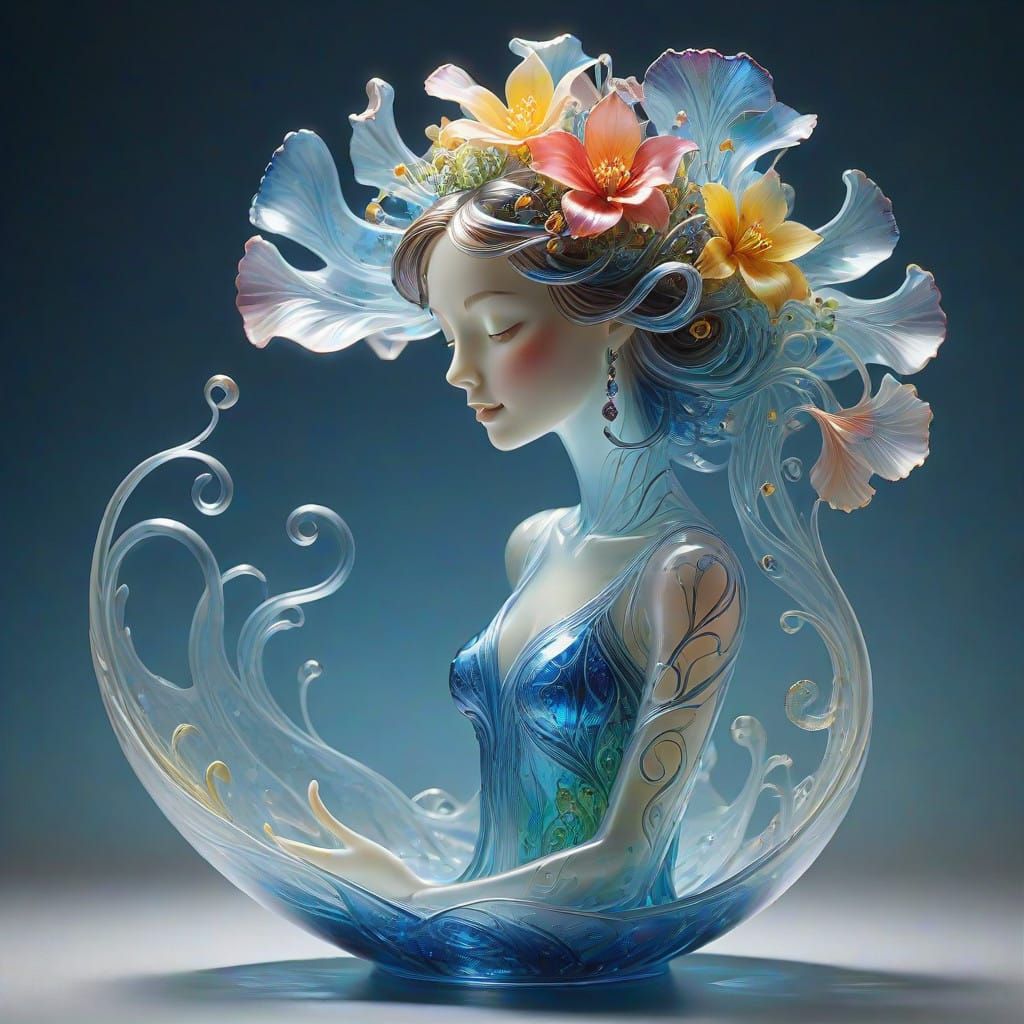 A delicate, translucent woman sculpted from intricately blown glass ...