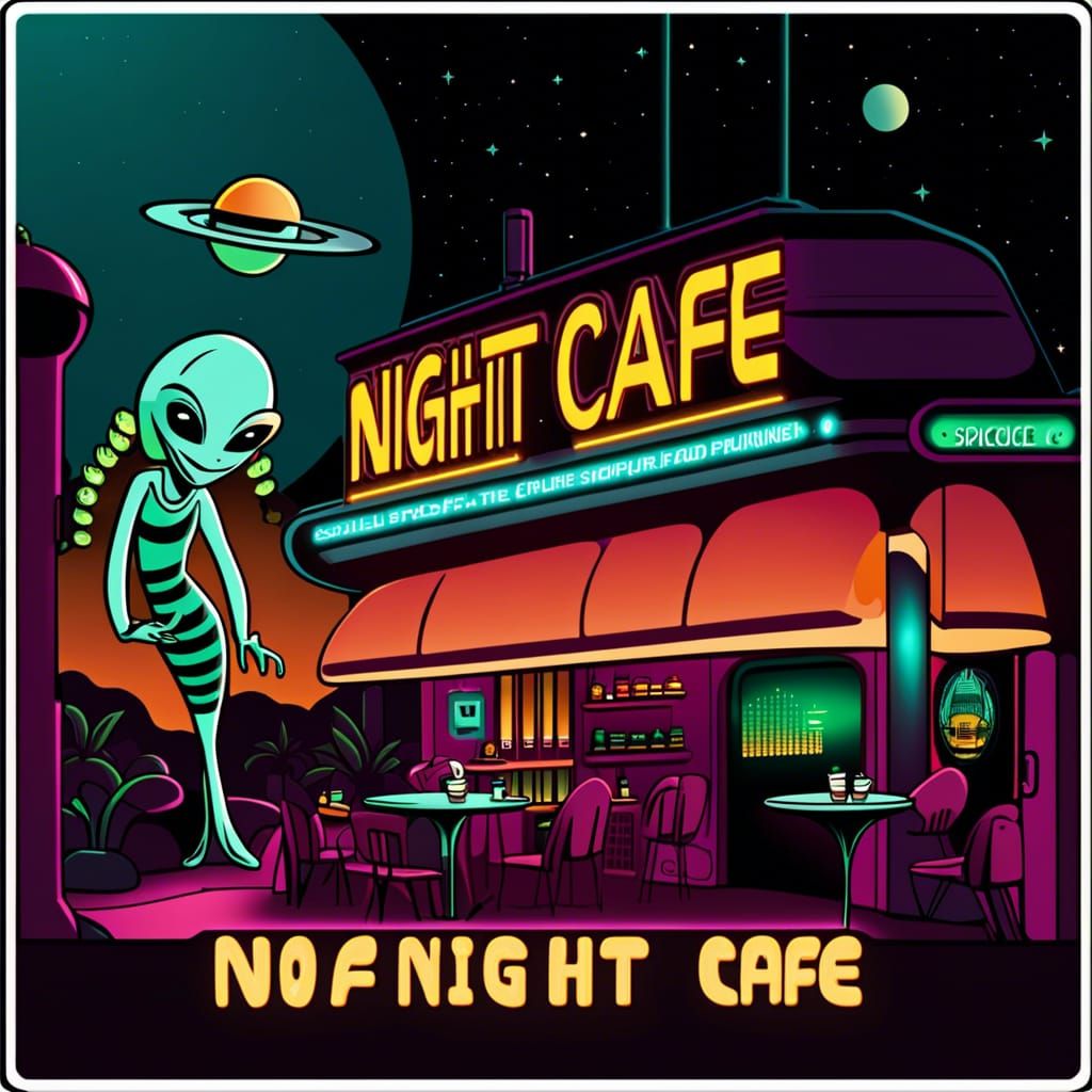Alien enjoying a good time at the Satellite Space coffee shop, with a ...