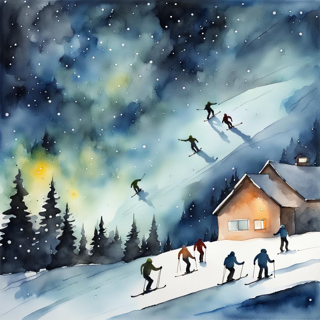 Loose, sketchy watercolor of skiers at night following the north star ...