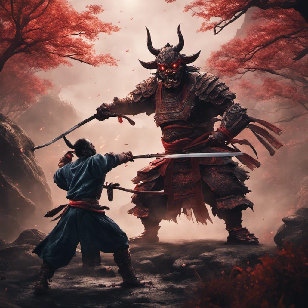 Oni fighting against a samurai warrior - AI Generated Artwork ...
