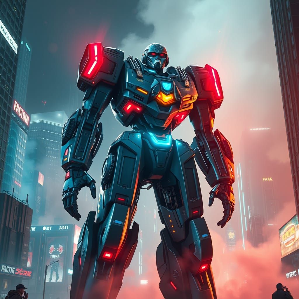 Transformer - Heroic Jaeger Robot in Neon Cityscape