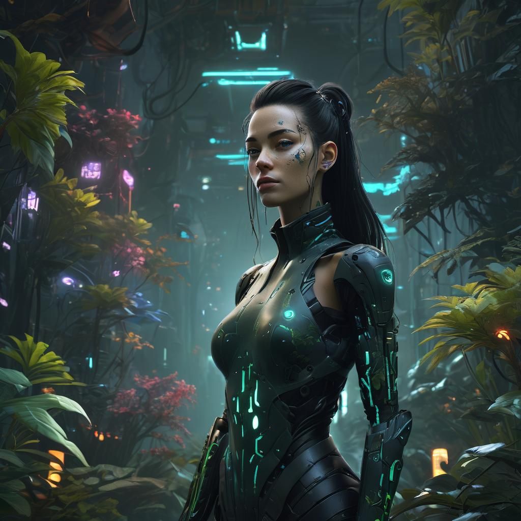 A woman with cyberpunk implants in her face and clothes in a dystopian ...