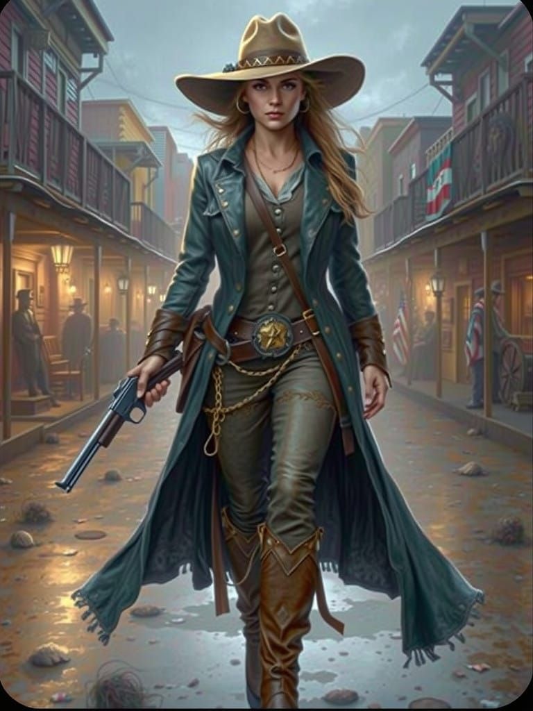 Old West, full body, realistic, Remington style, female gunfighter ...