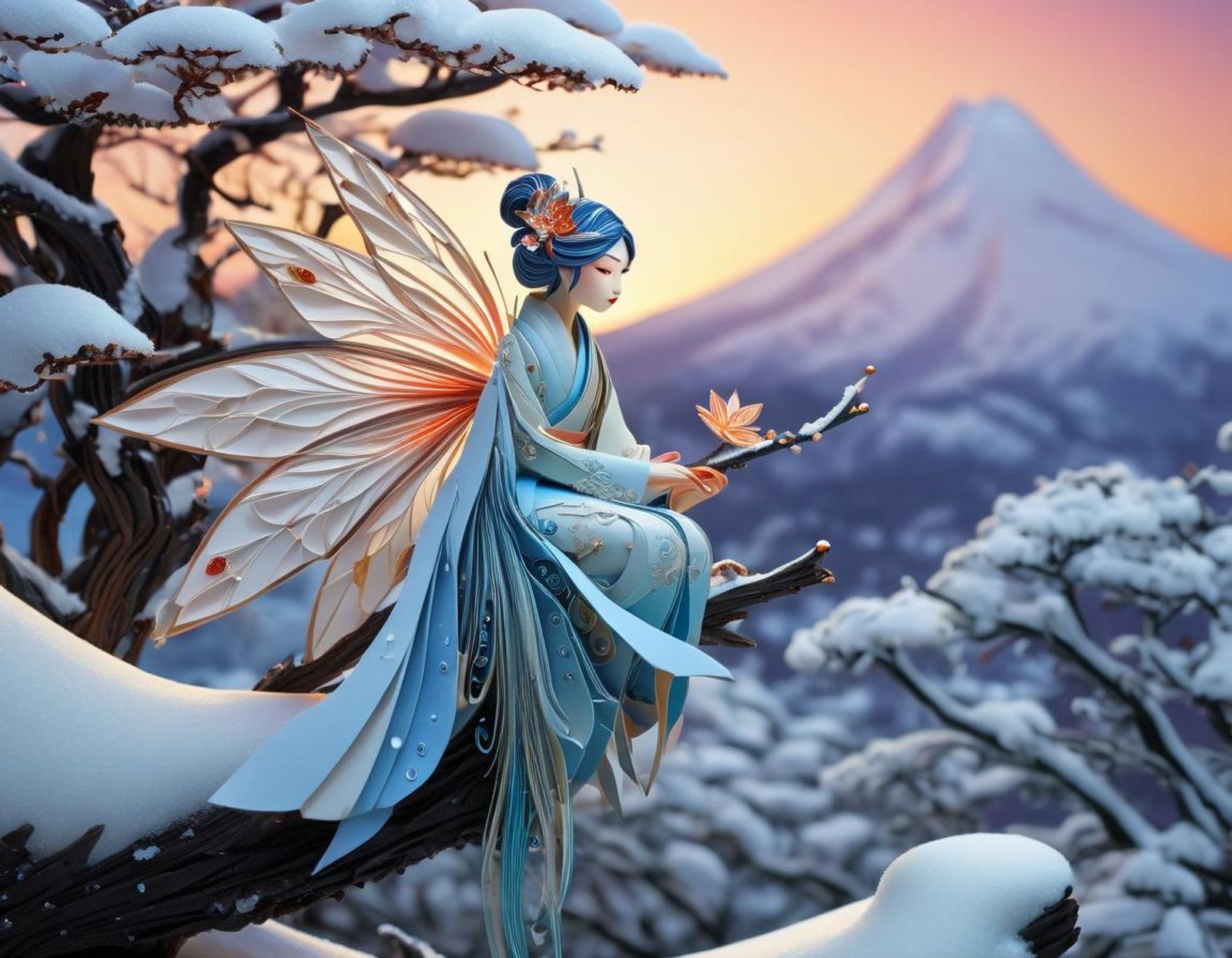 Japanese snow fairy perched on a snow covered branch, Sunset colours, detailed, beautiful ...