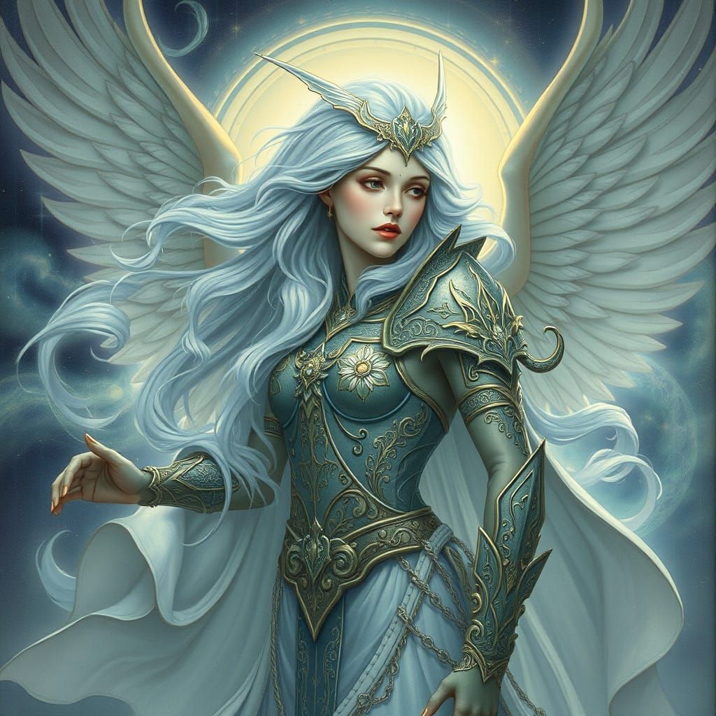 Ethereal Art Nouveau Valkyrie Portrait in Elegant,... - AI Art