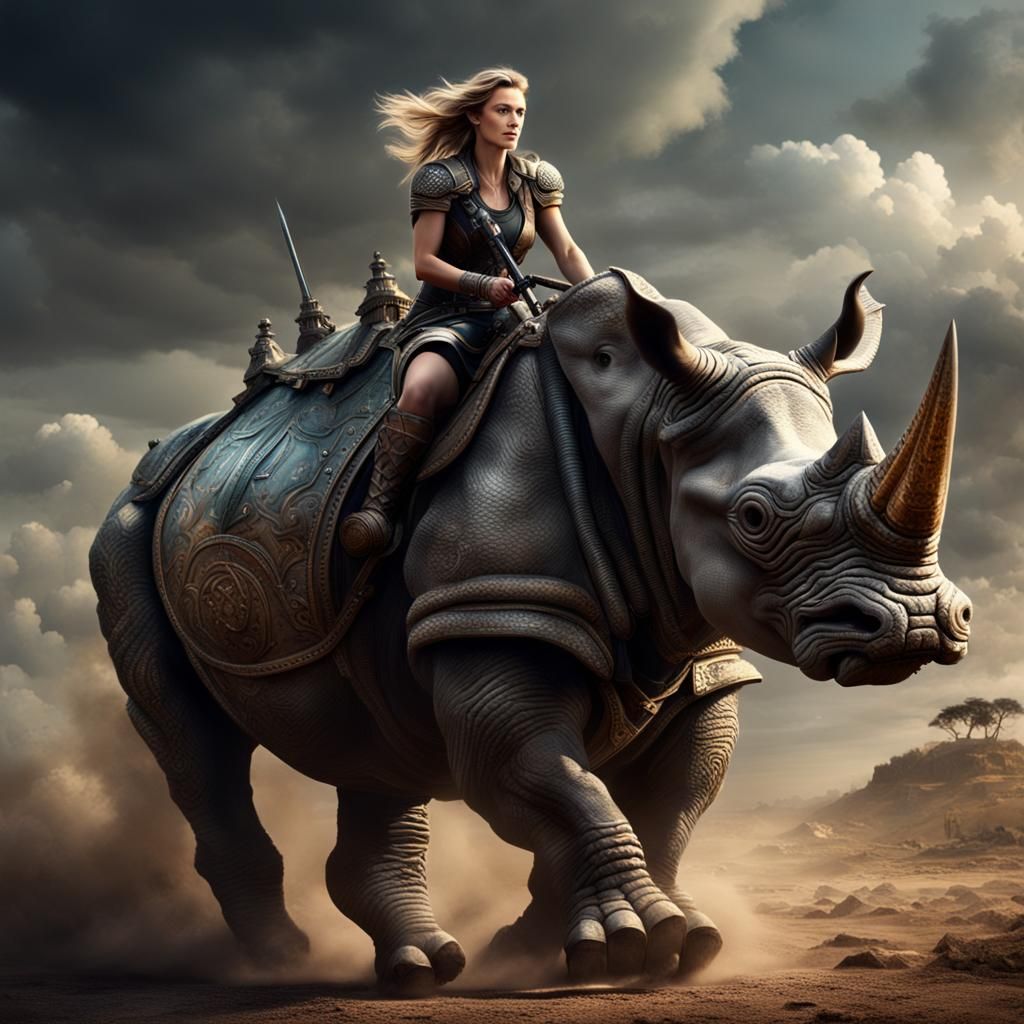Beautiful Woman Riding an Armored Rhinoceros - AI Generated Artwork ...