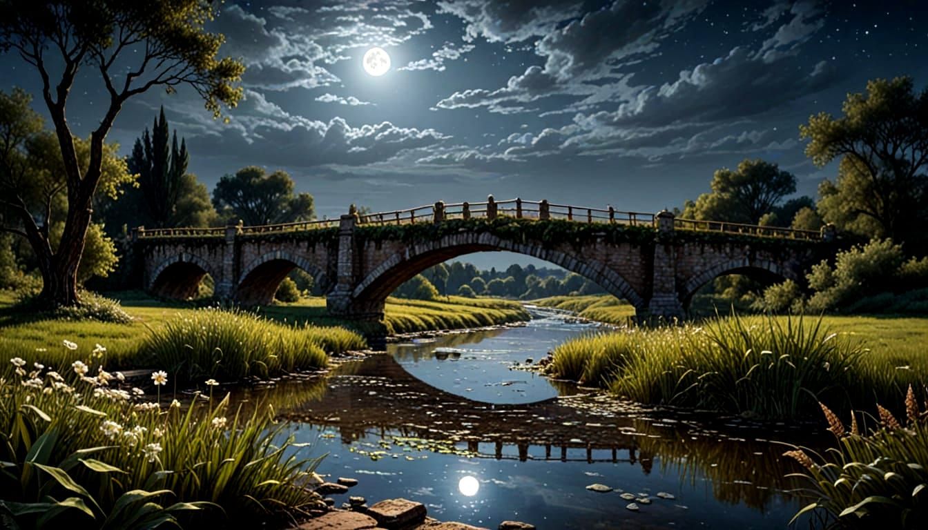 Moonlit Masterpiece: A Rustic River Scene in Veron... - AI Art