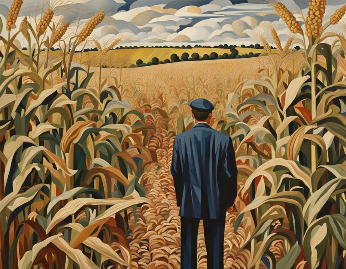 Style of Stanley Spencer, David hiding in a cornfield as Jonathan talks ...