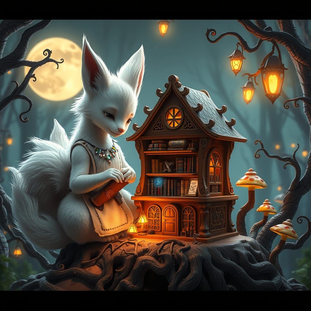 Mystical Kitsune Crafts Whimsical Library Amidst M... - AI Art