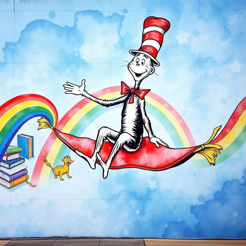 A watercolor painting on a big mural with of Dr. Seuss sitting on a ...