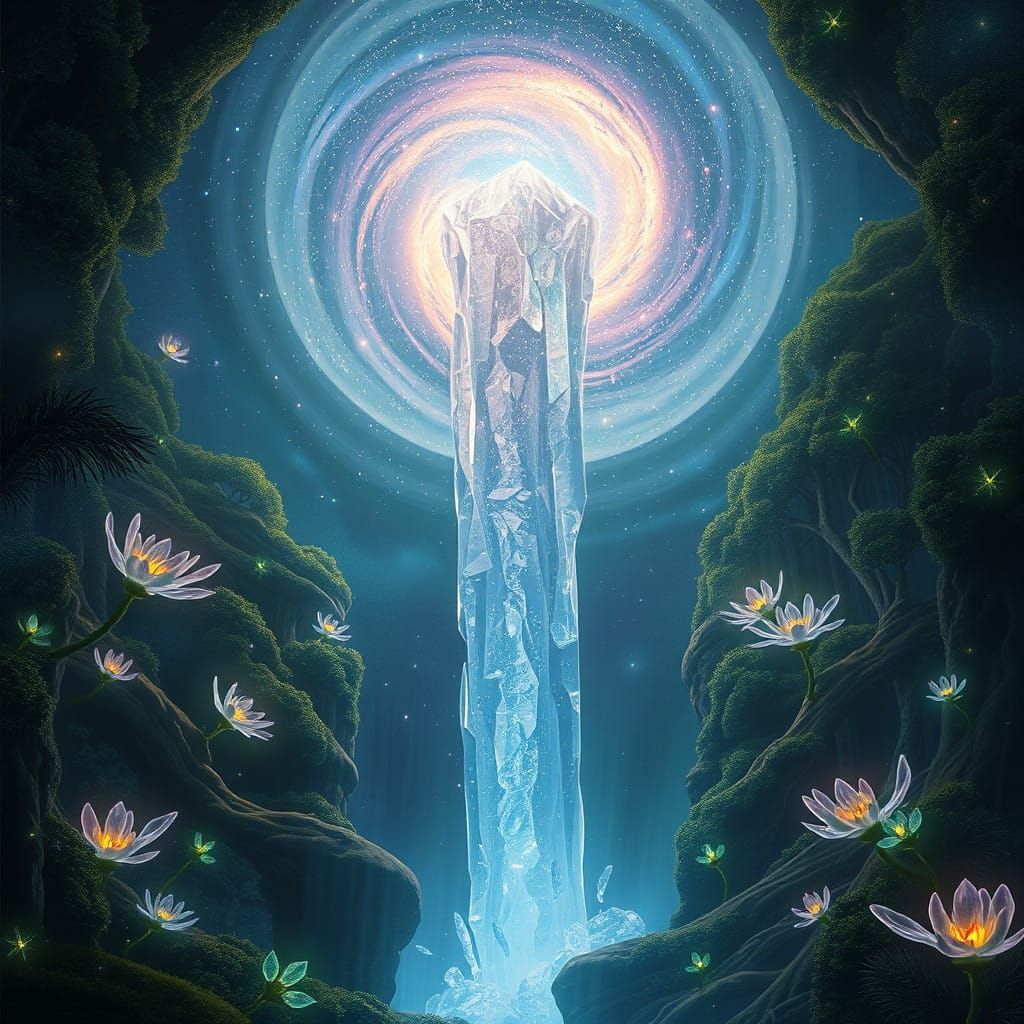 A crystal waterfall flowing upward into a galaxy of stars, surrounded ...