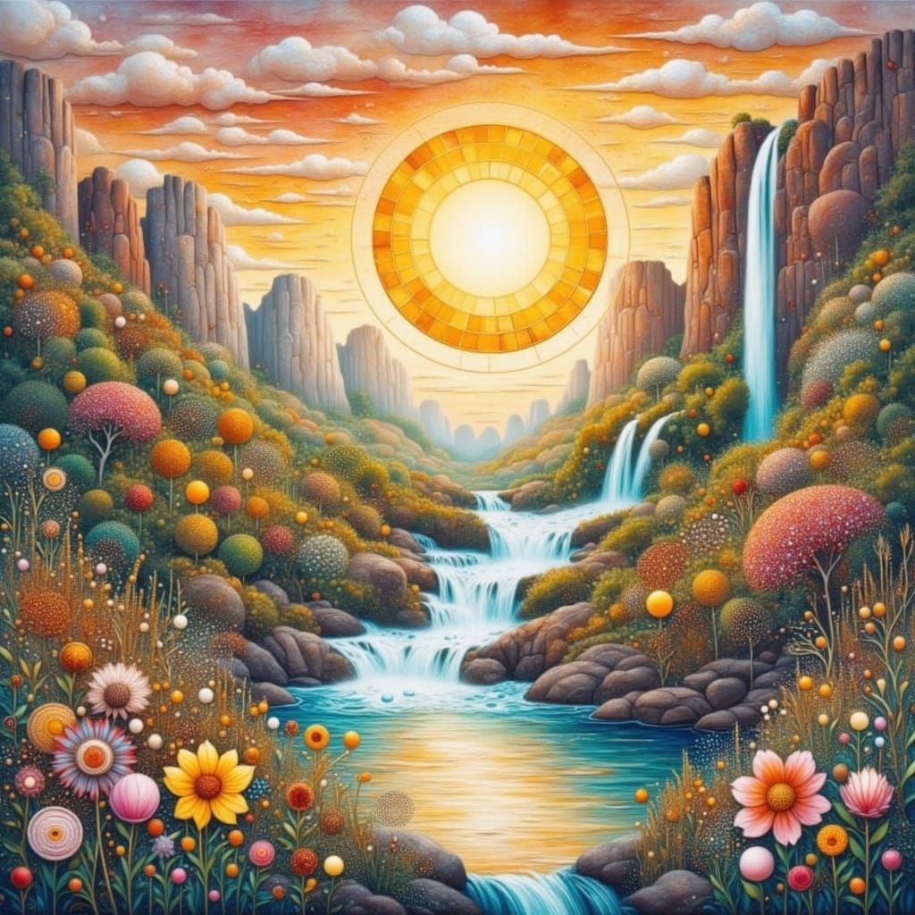 Golden Summerscape with Vibrant Waterfalls and Lus... - AI Art