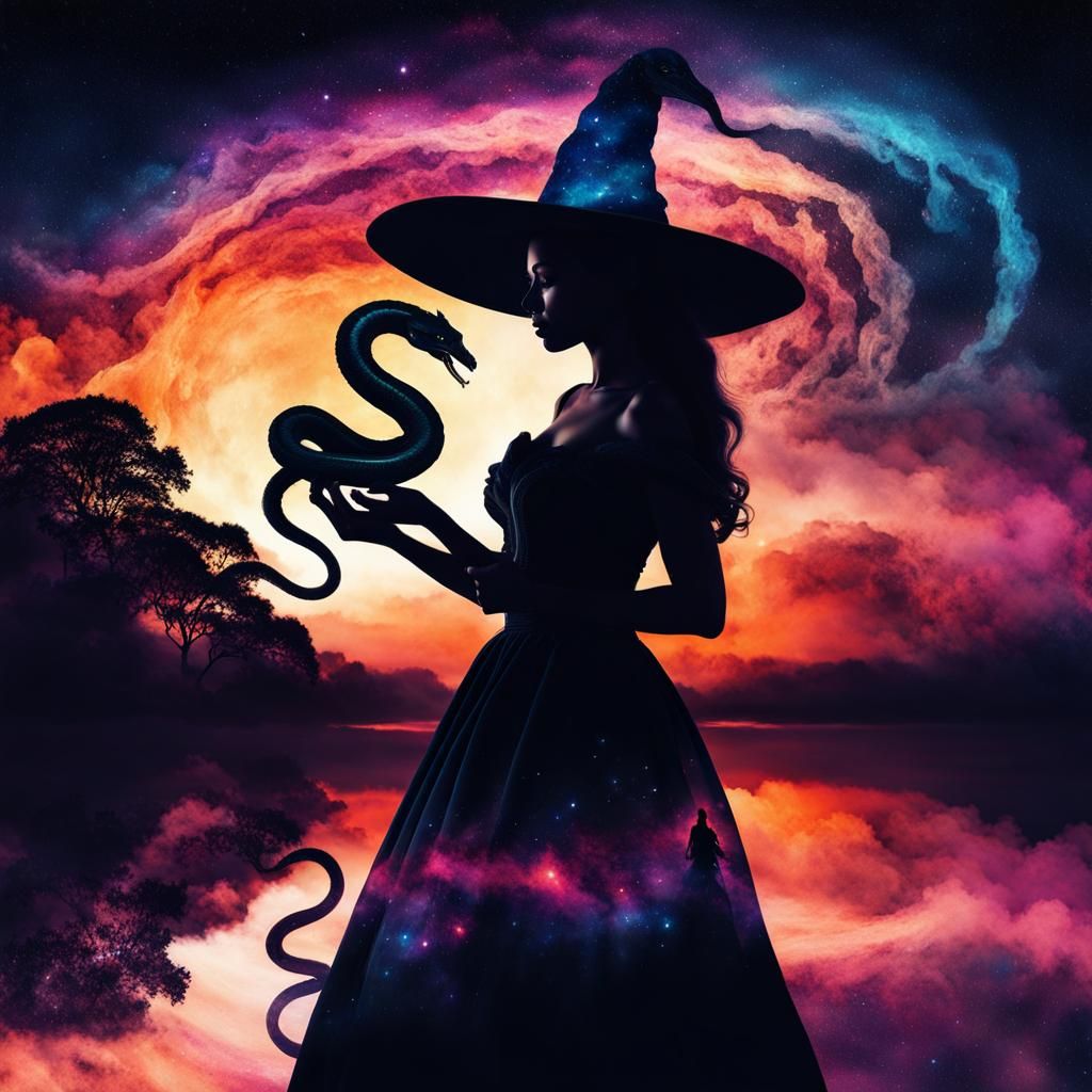 dark sunset, double exposure of silhouette dark witch holding a python ...