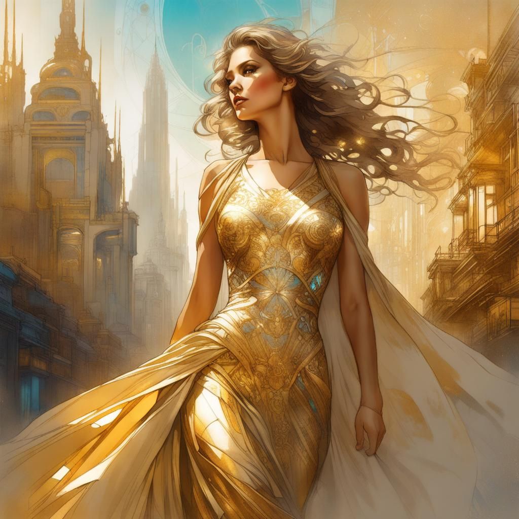 Sci-fi woman, gold dress - AI Generated Artwork - NightCafe Creator