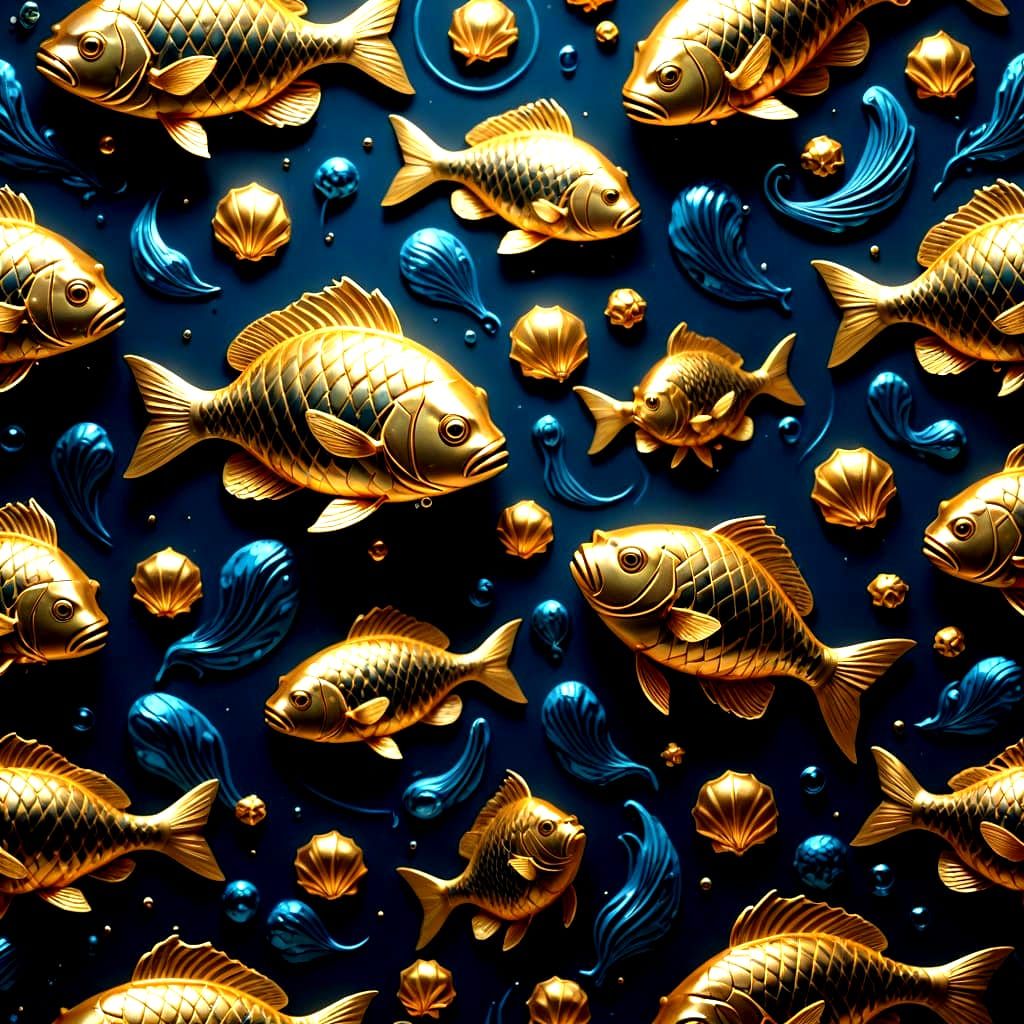 Poissons - Stylized Fish Zodiac Symbols in Blue and Gold