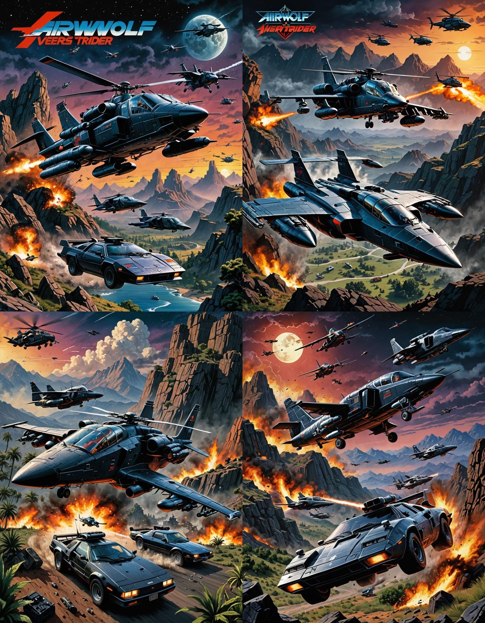 Cover art for a 16-bit video game titled Airwolf Versus Knightrider ...