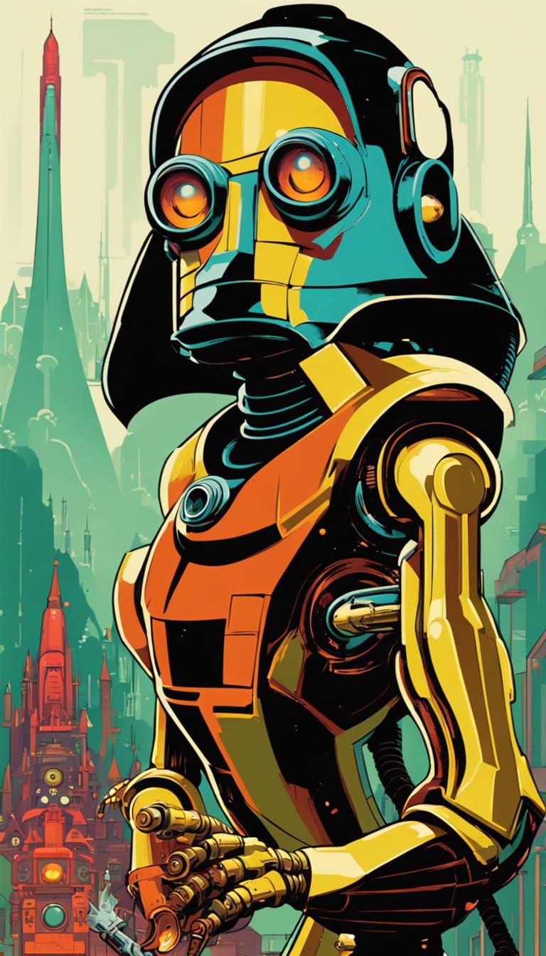 Retro-Futuristic Robot Runs Down Suburban Street - AI Art