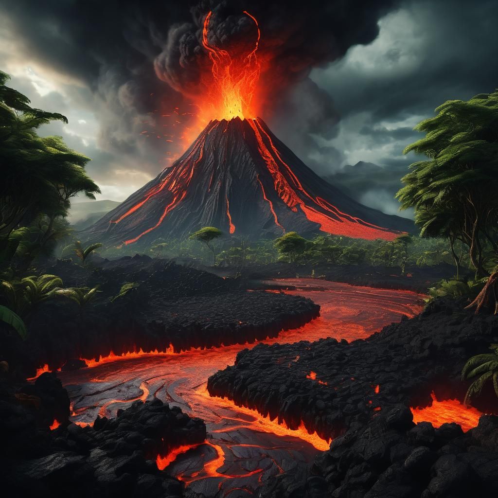 Ancient Mythical Volcano - Surreal Volcano Scene in Vivid Di...