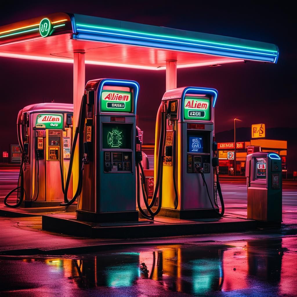 Surreal Cosmic Gas Station with Neon Alien Symbols... - AI Art