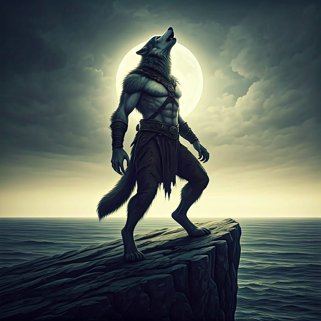 Majestic Timber Wolf Werewolf on Cliff's Edge, How... - AI Art