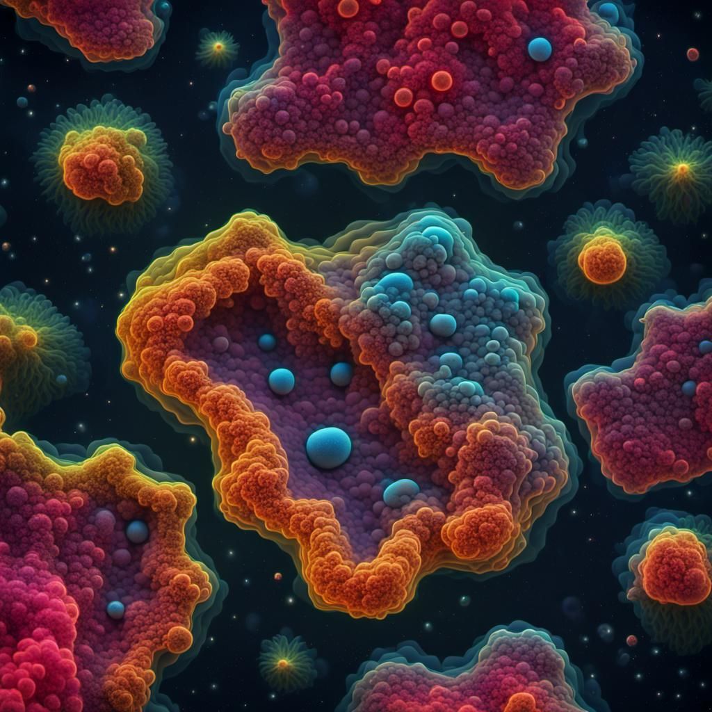 scanning electron microscopy SEM Image of neon colorful Amoebas, night ...