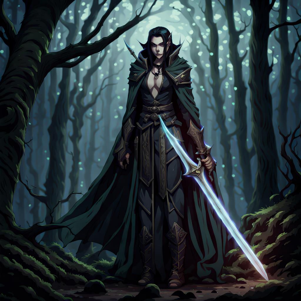 Goth elf assassin with a glowing sword floating above their right ...
