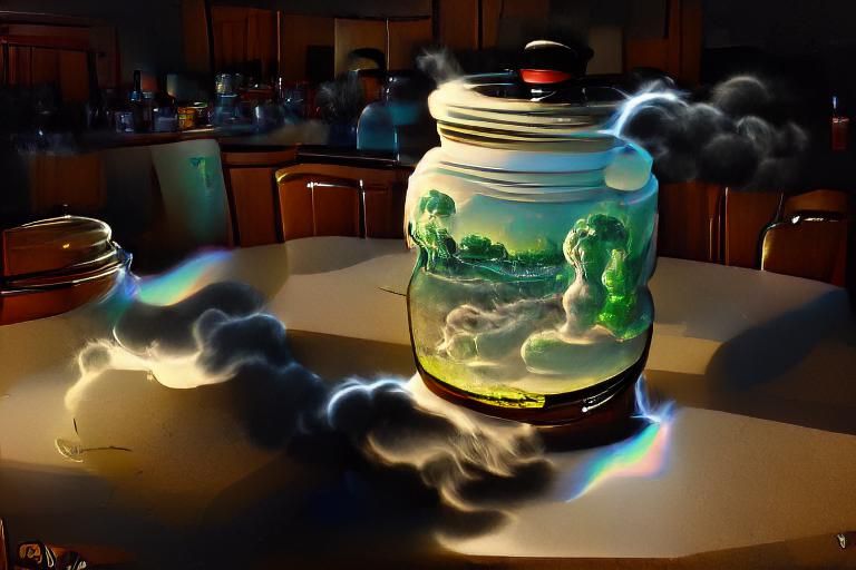 The luminescent, effervescent liquid in the jar was bubbling and smoke ...