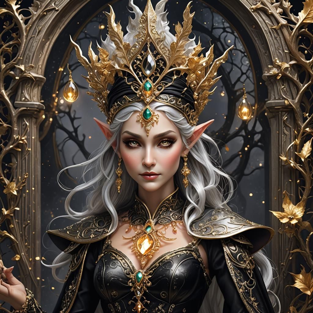 An elegantly aged elf having an appearance that emits soft radiance of ...