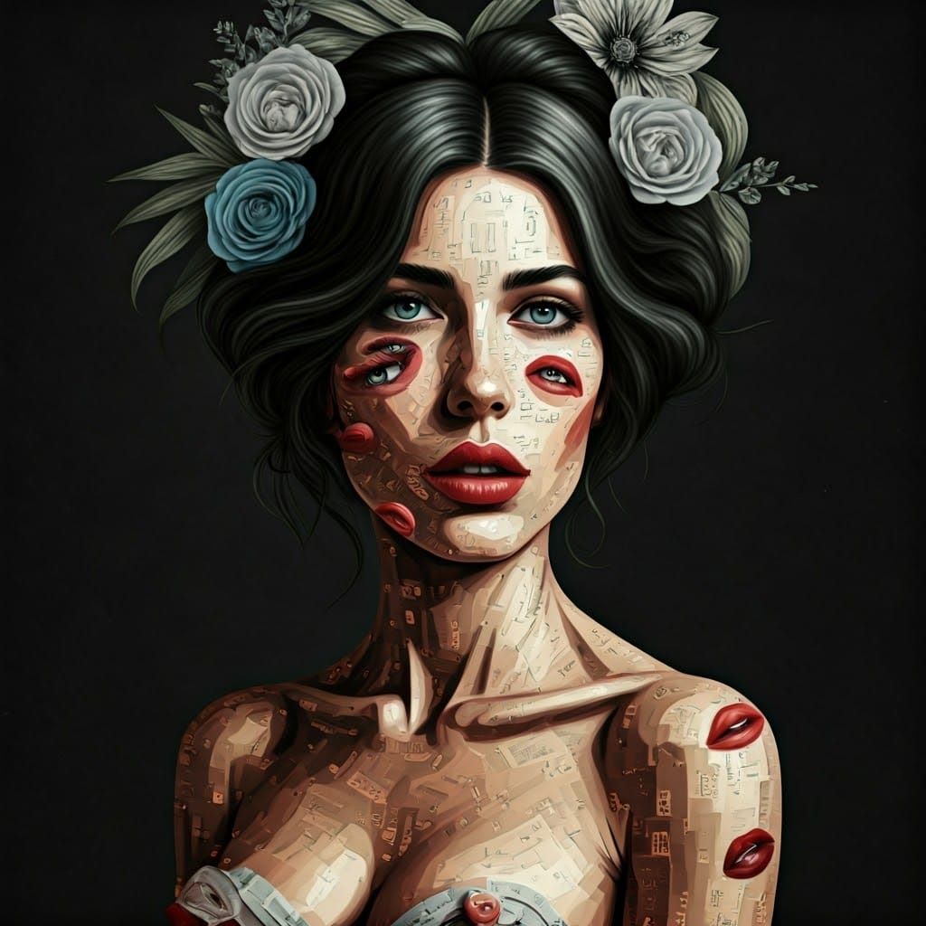 Portrait with kisses - Surrealist Woman with Fragmented Lips...