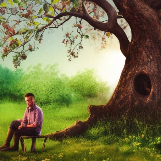 Man sitting on tree stump under apple tree - AI Generated Artwork ...