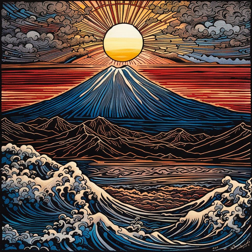 sun rises behind the top of mount fuji, 8k, a masterpiece, asiawave ...