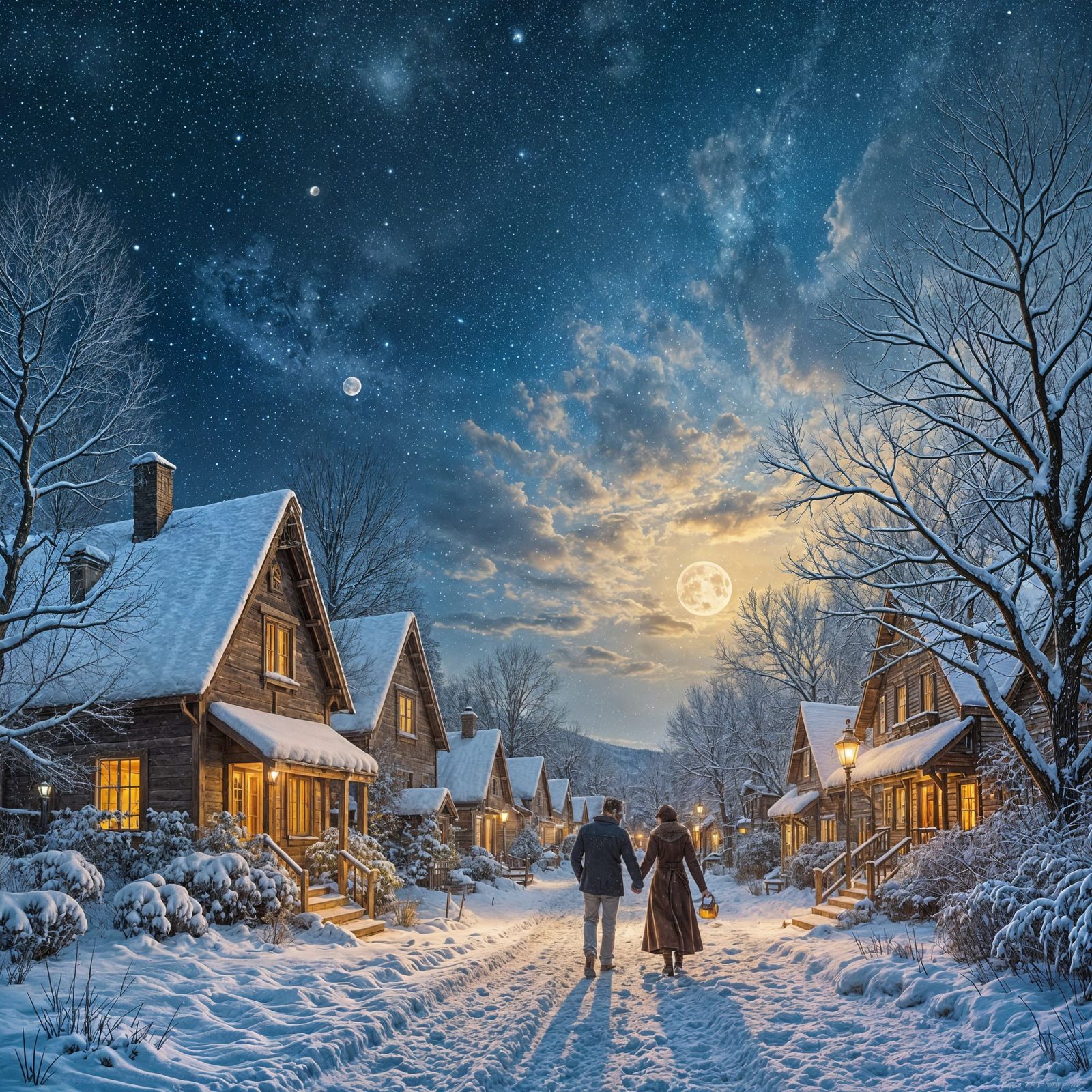 Golden Night Sky Illuminates a Peaceful Winter Vil... - AI Art