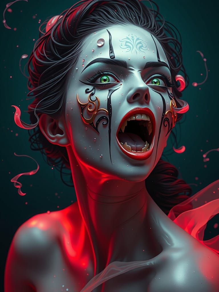 extreme close-up of assassin terrifying witch. Her mouth is wide open ...