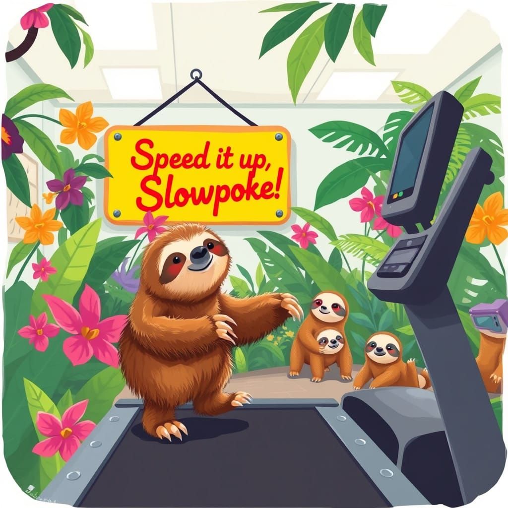 Sloths in Whimsical Academy Boost Speed, Treadmill... - AI Art