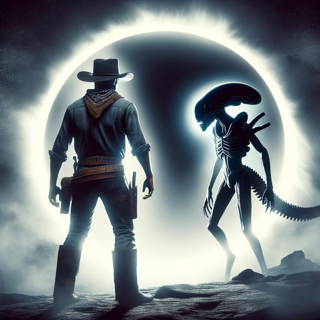 Cowboy Meets Alien During Breathtaking Eclipse Sce... - AI Art