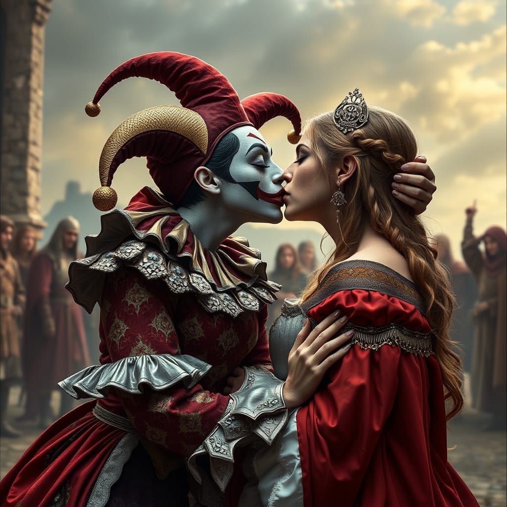 Feminine Jester Embracing Knights of Camelot in Re... - AI Art