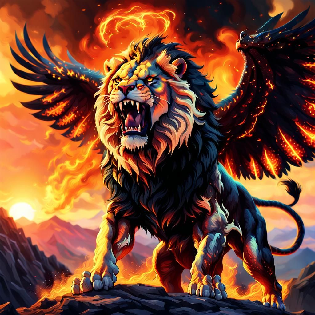 Fiery lion with wings - Hyper-Realistic Lion in Fiery Splen...