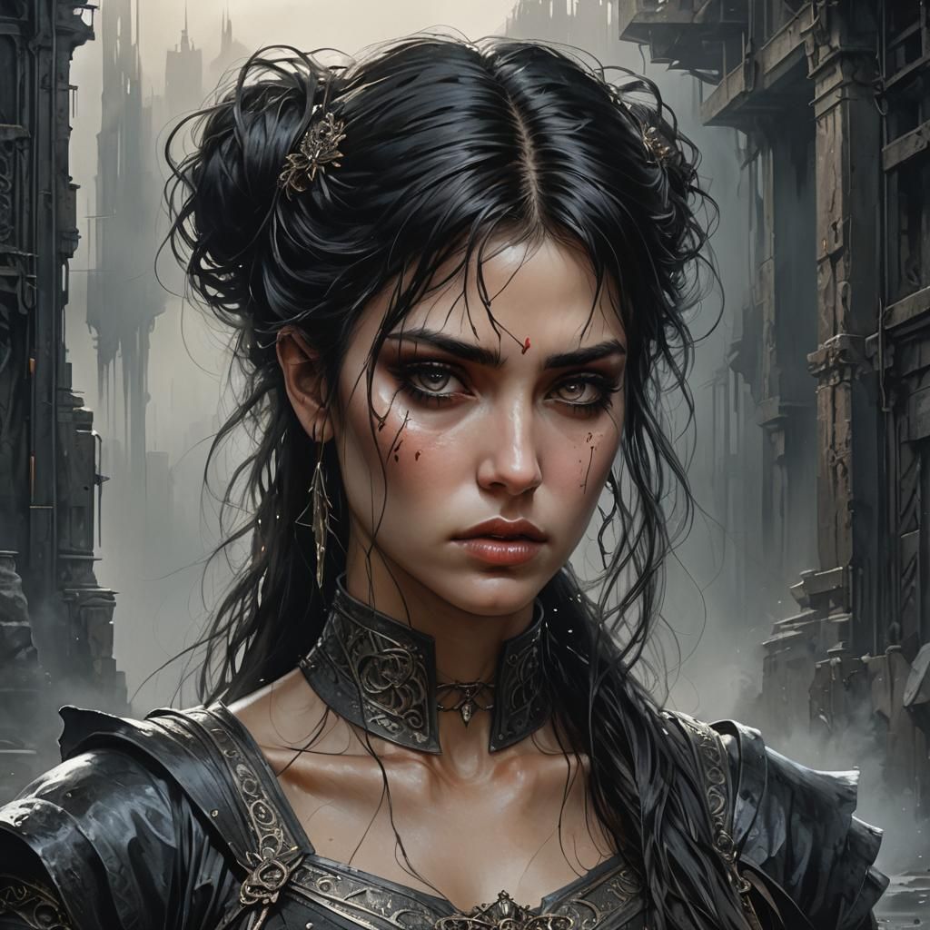 A dark-haired girl in the style of Luis Royo, her eyes reflecting ...
