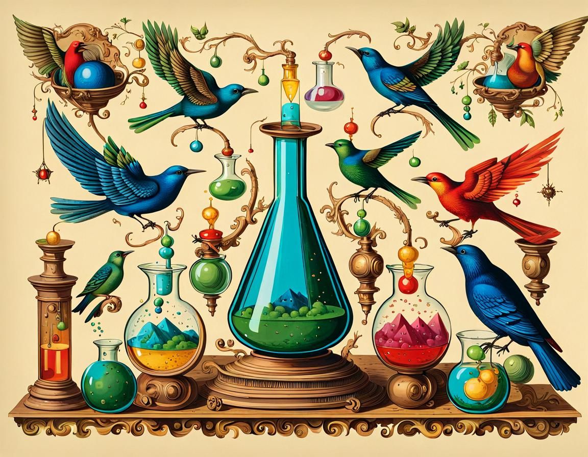 Medieval era Alchemy, colourful chemicals in a conical flask ...