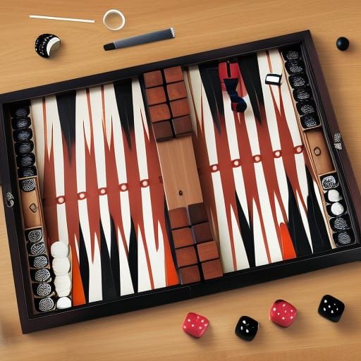 create an image that shows backgammon being played on a splendid board on a modern table in a ...