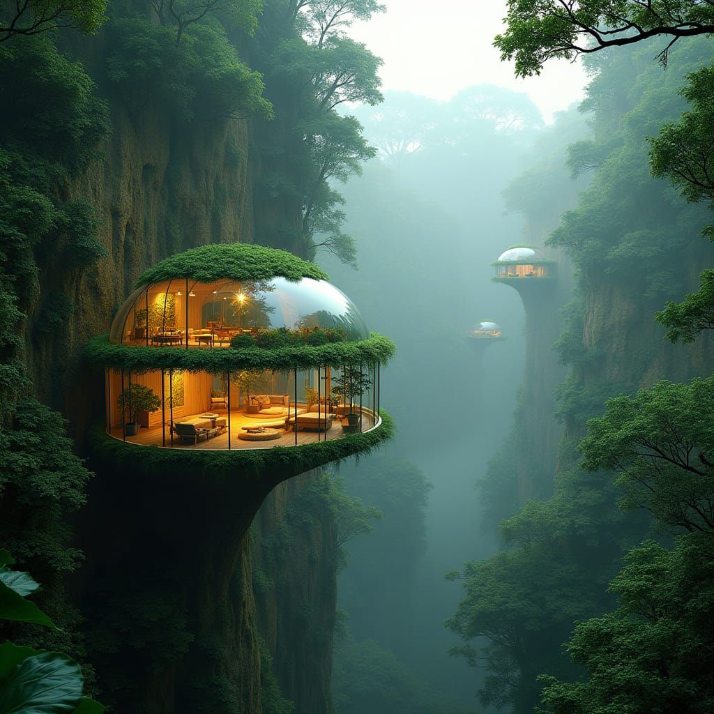 Eco-Utopia in Emerald Forests with Suspended Glass... - AI Art