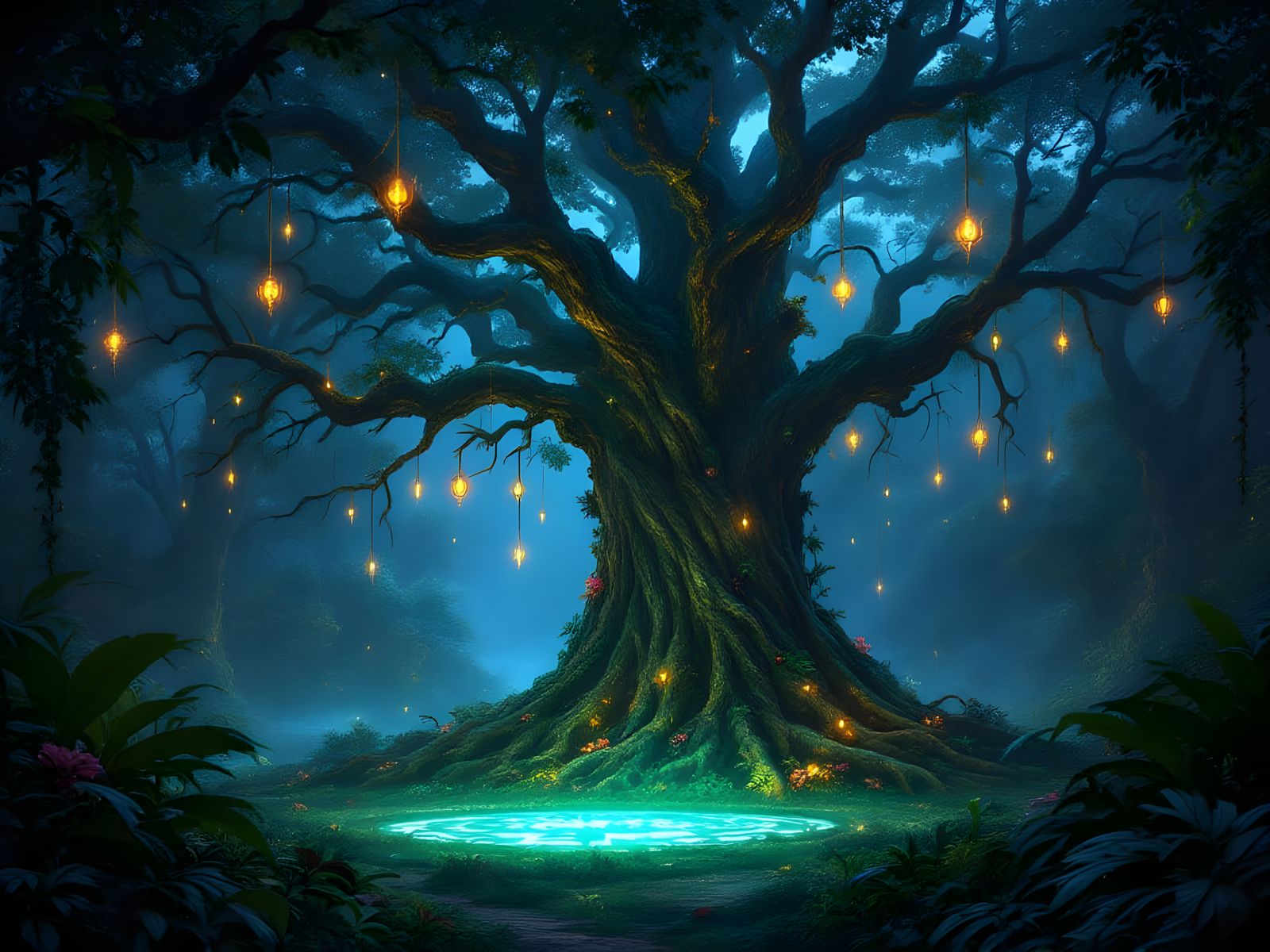 Magical clearing in the jungle at night