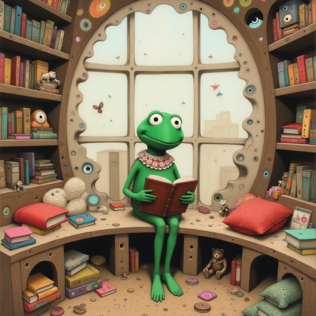 Kermit in Cozy Kidcore Library as Watercolor - AI Art