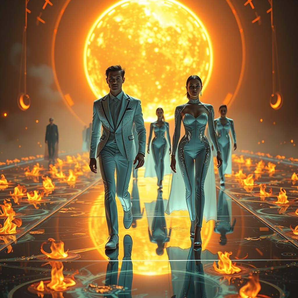 Elegant Futuristic Beings Walk on Glass Above Blaz... - AI Art